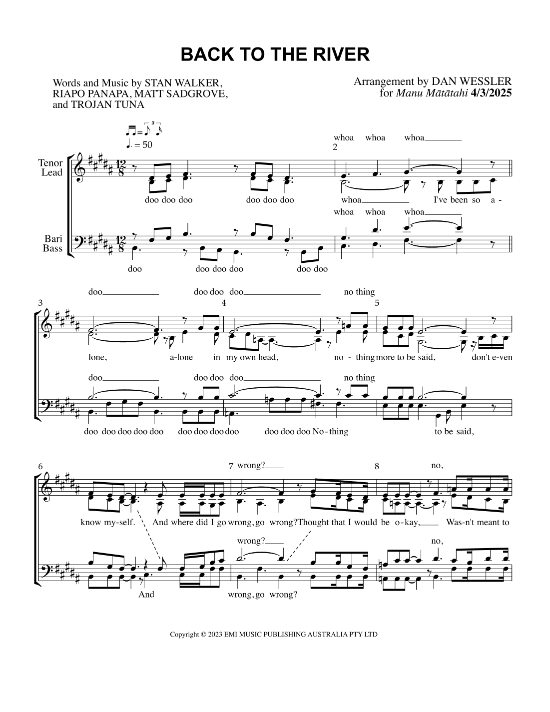 Back To The River (arr. Dan Wessler) by Stan Walker Sheet Music for SATB Choir at Sheet Music Direct