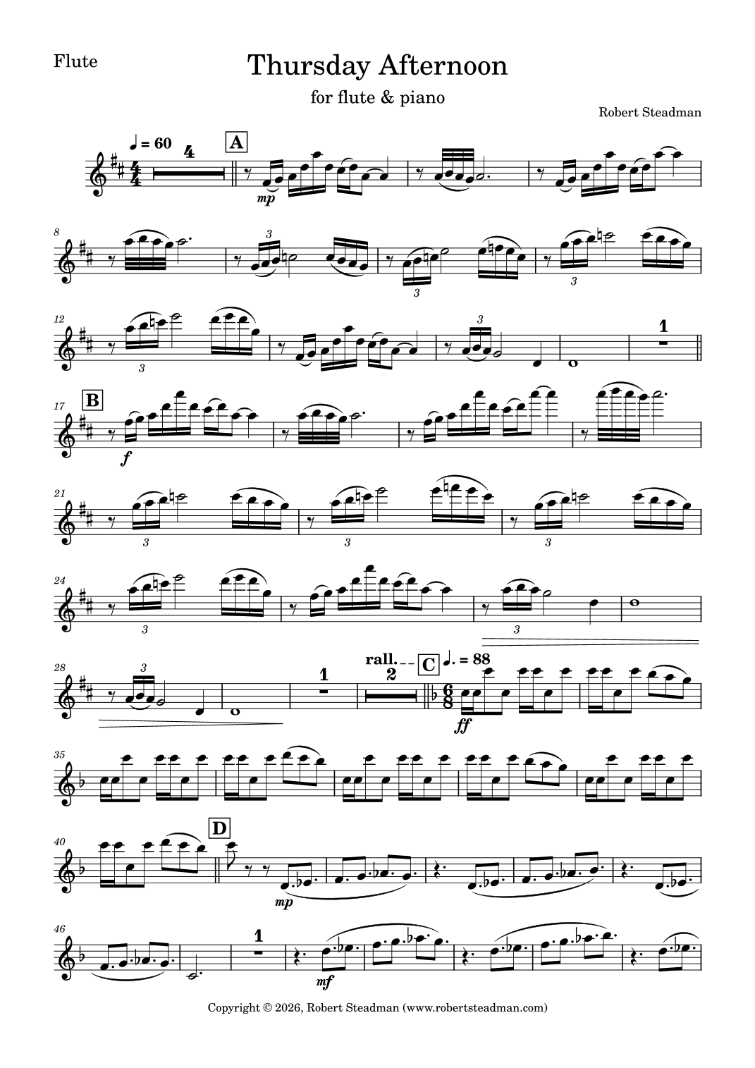 Thursday Afternoon by Robert Steadman Sheet Music for Flute and Piano ...