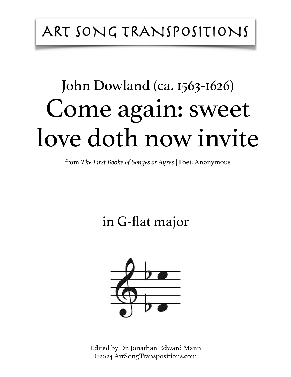 DOWLAND: Come again: sweet love doth now invite (transposed to G-flat ...
