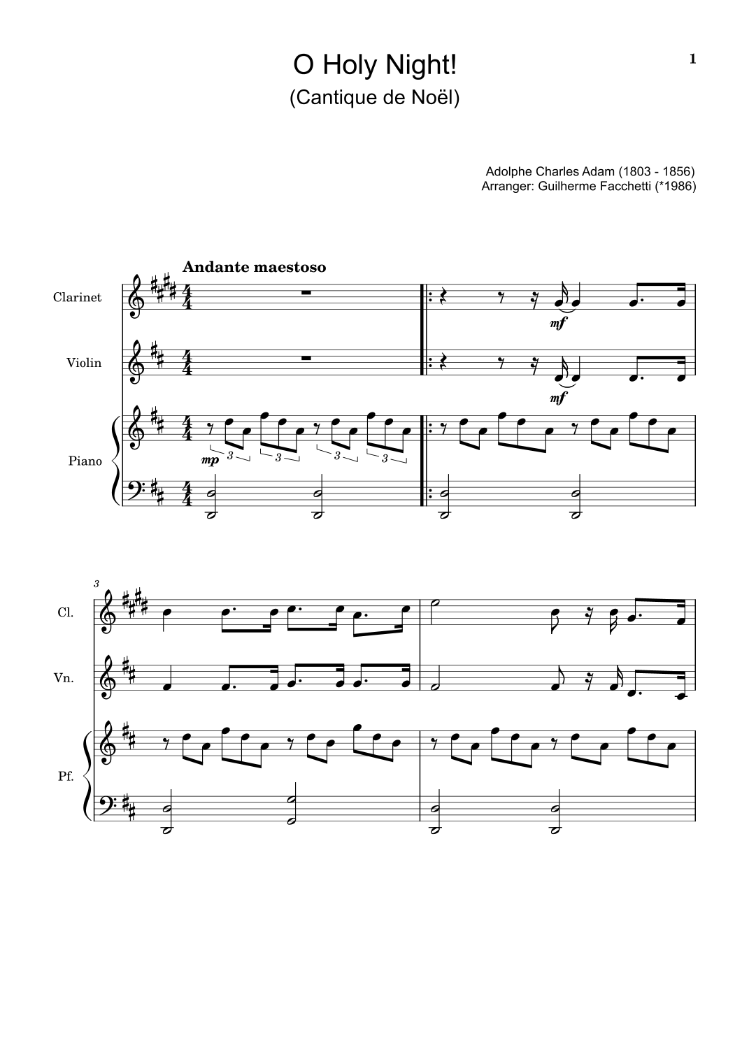 O Holy Night! - Clarinet, Violin and Piano. With Parts. (arr. Guilherme ...