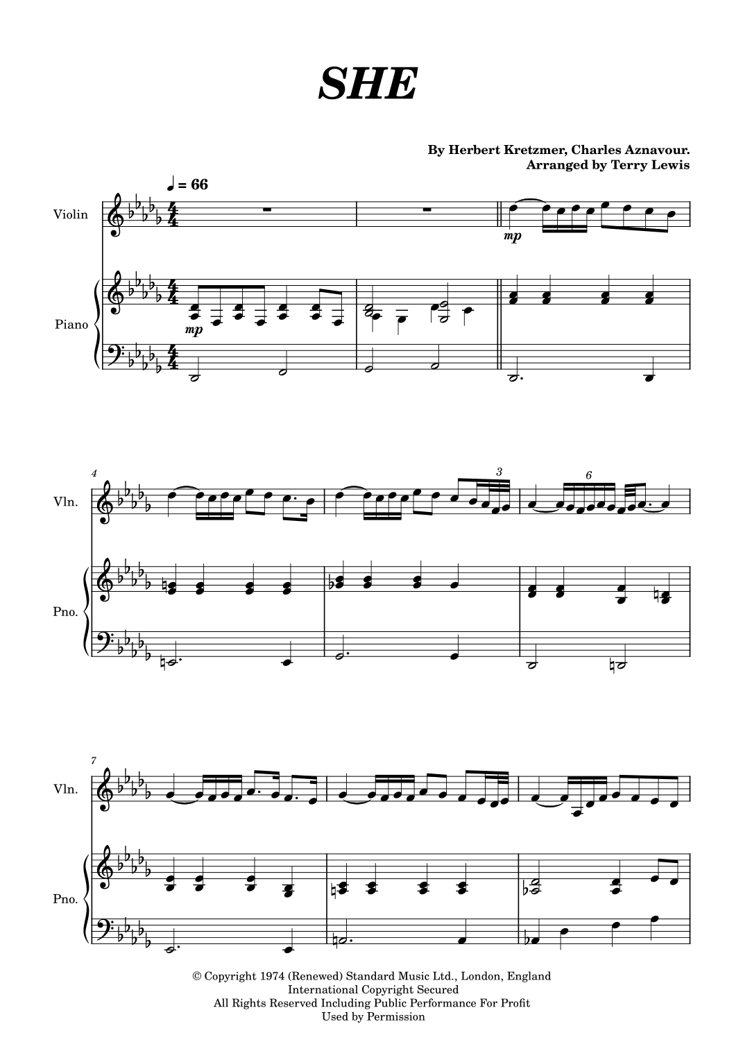 She (arr. Terry Lewis by Elvis Costello Sheet Music for Violin and ...