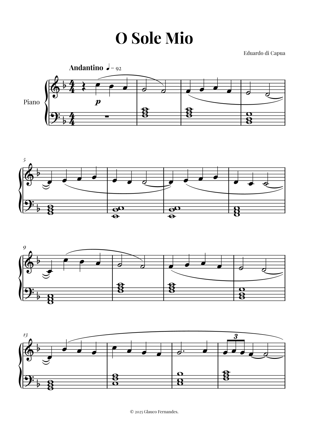 O Sole Mio | EASY PIANO (arr. Glauco Fernandes) by Eduardo di Capua ...