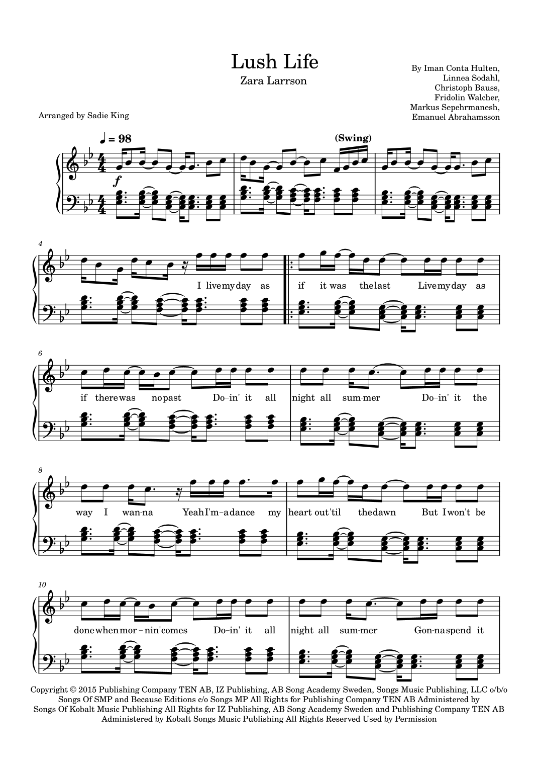 Lush Life (arr. Sadie King) by Zara Larsson Sheet Music for Piano Solo ...