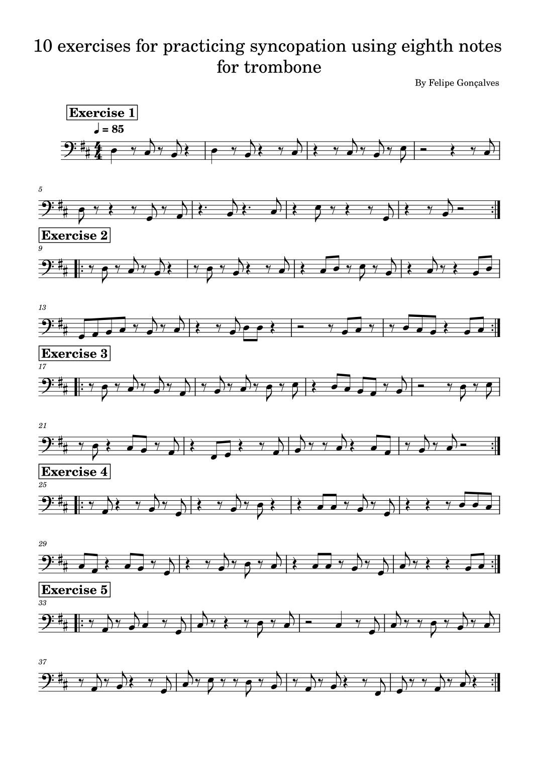 10 exercises for syncopation using eighth notes for trombone in D major ...