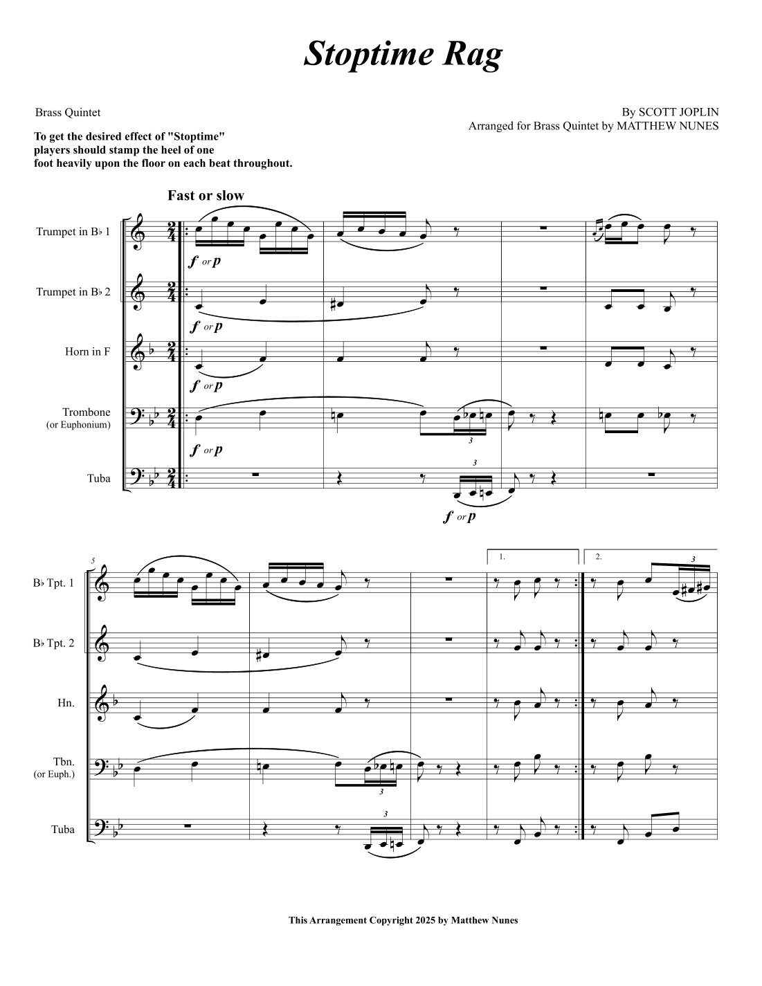 Stoptime Rag (arr. Matthew Nunes by Scott Joplin Sheet Music for Brass ...