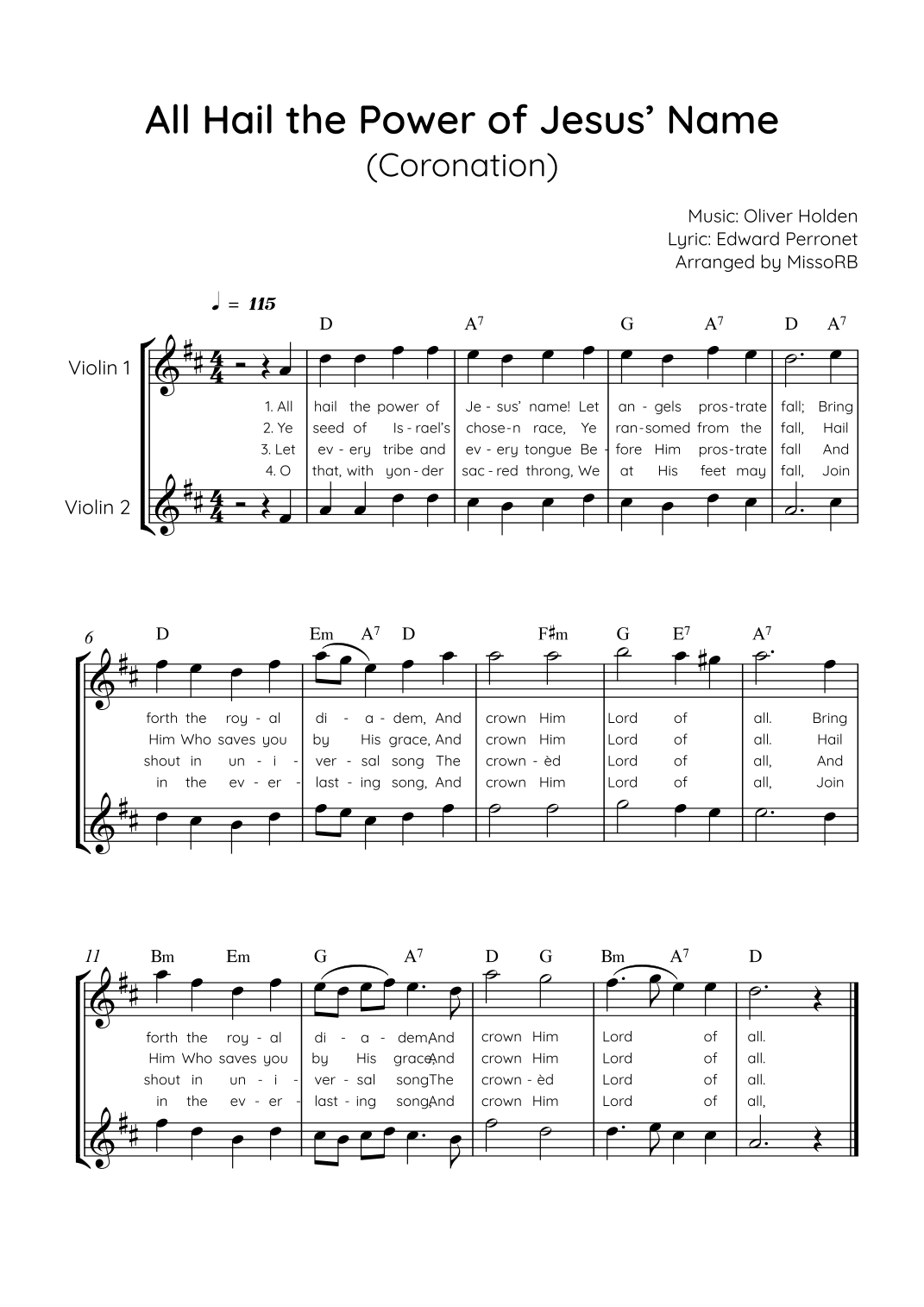 All Hail the Power of Jesus’ Name (Coronation) - Violin Duet in D ...