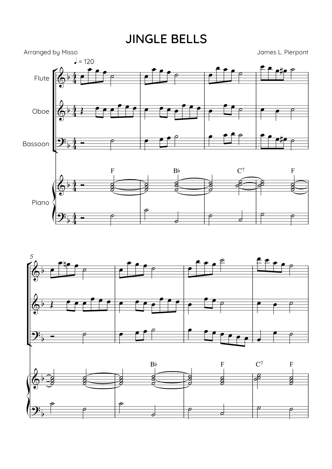 Jingle Bells - Flute, Oboe & Bassoon and Piano in F Major - Easy With Chords (arr. MissoRB) by ...
