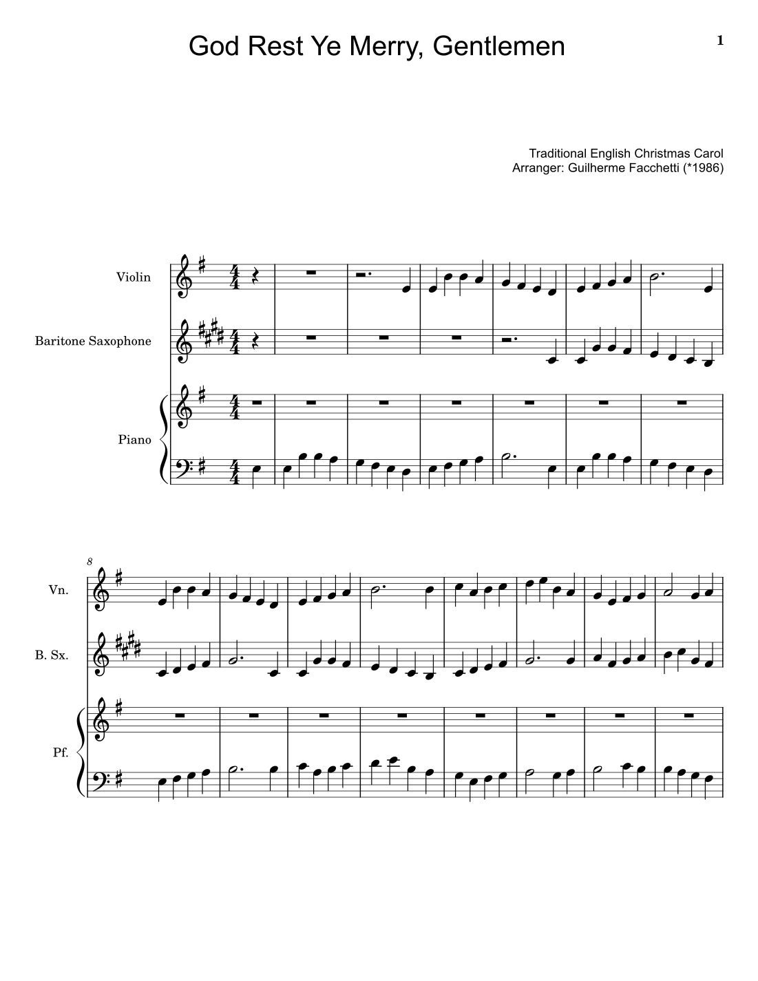 God Rest Ye Merry, Gentlemen - Violin, B. Sax. and Piano. With Parts ...