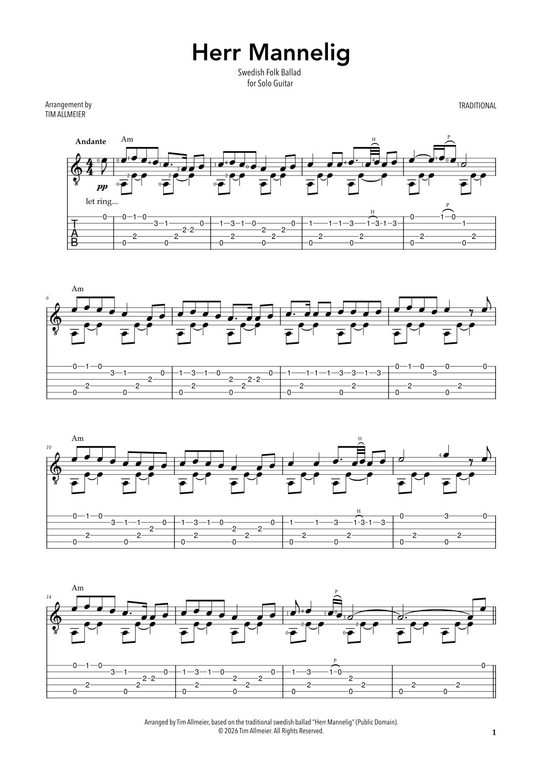 Herr Mannelig (arr. Tim Allmeier) by TIMY Sheet Music for Solo Guitar ...