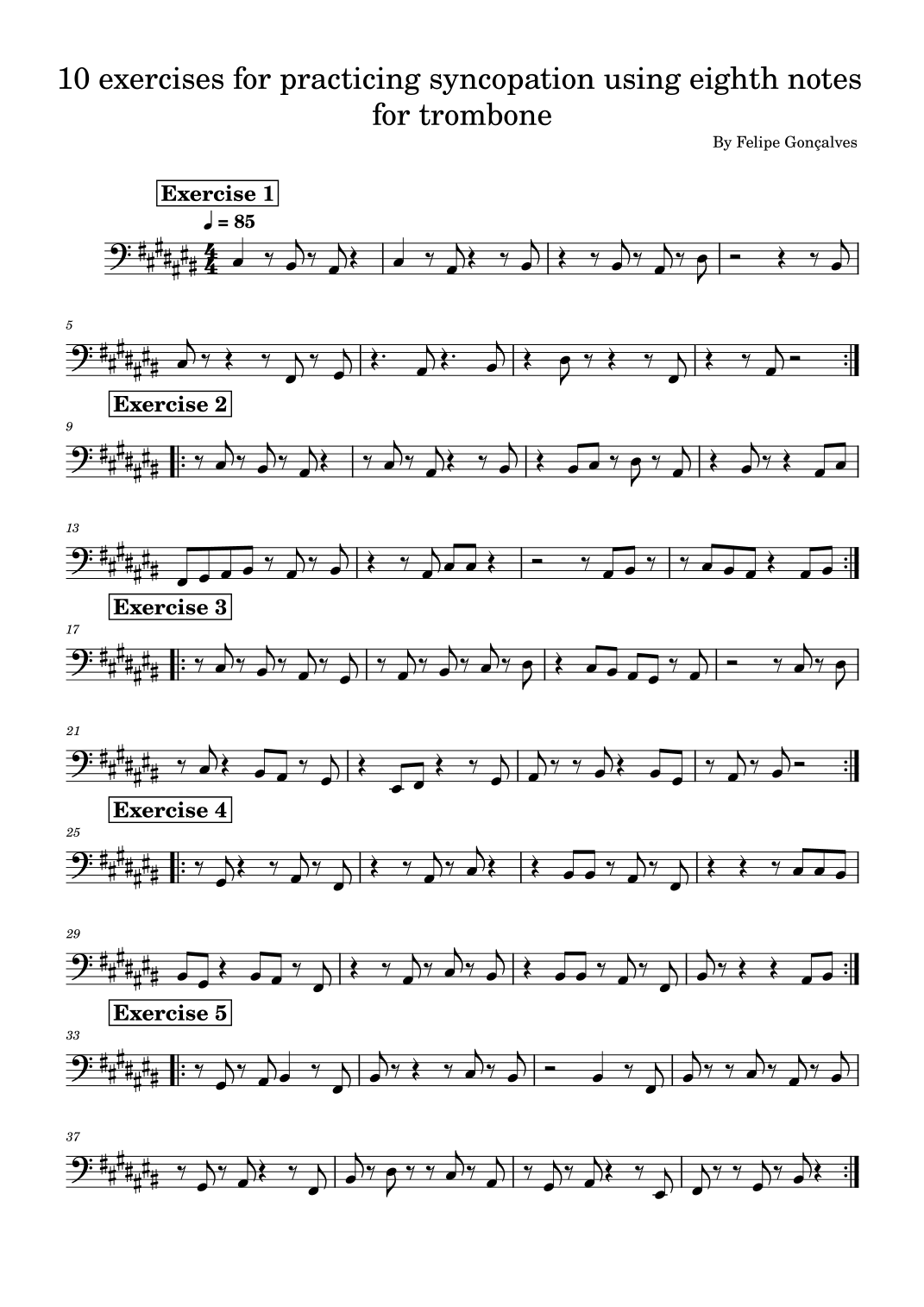 10 exercises for syncopation using eighth notes for trombone in C# ...