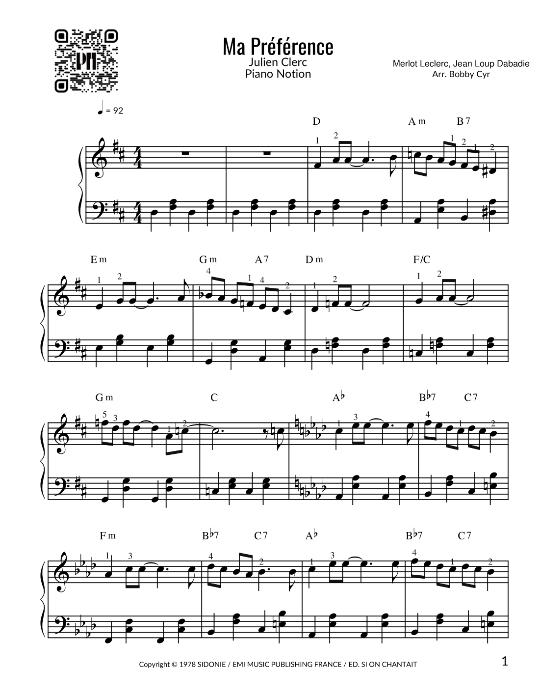 Ma Preference (arr. Bobby Cyr) by Merlot Leclerc Sheet Music for Easy ...