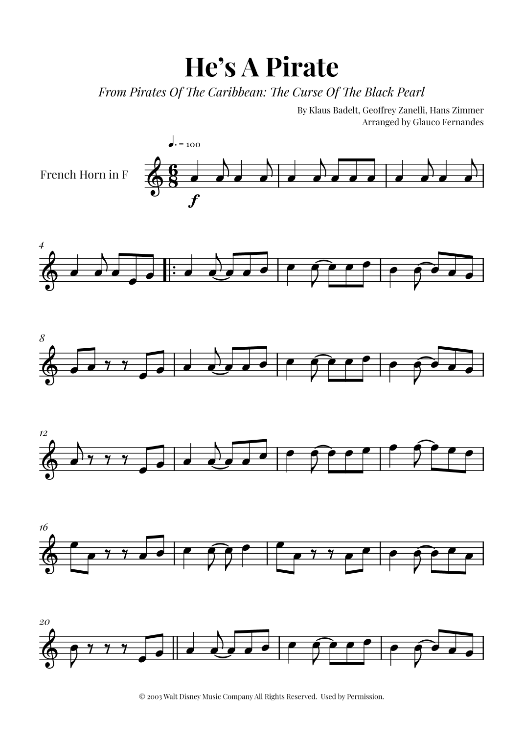 He's A Pirate (arr. Glauco Fernandes) by Geoffrey Zanelli Sheet Music ...