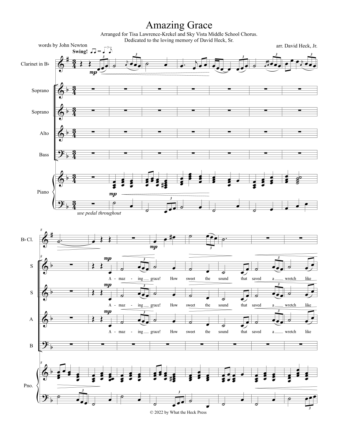 Amazing Grace (arr. David Heck, Jr.) by John Newton Sheet Music for ...