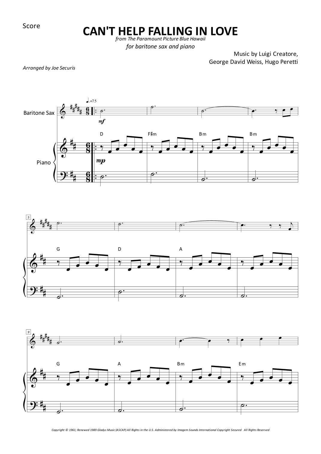 Can't Help Falling In Love (arr. Joe Securis) by Elvis Presley Sheet ...