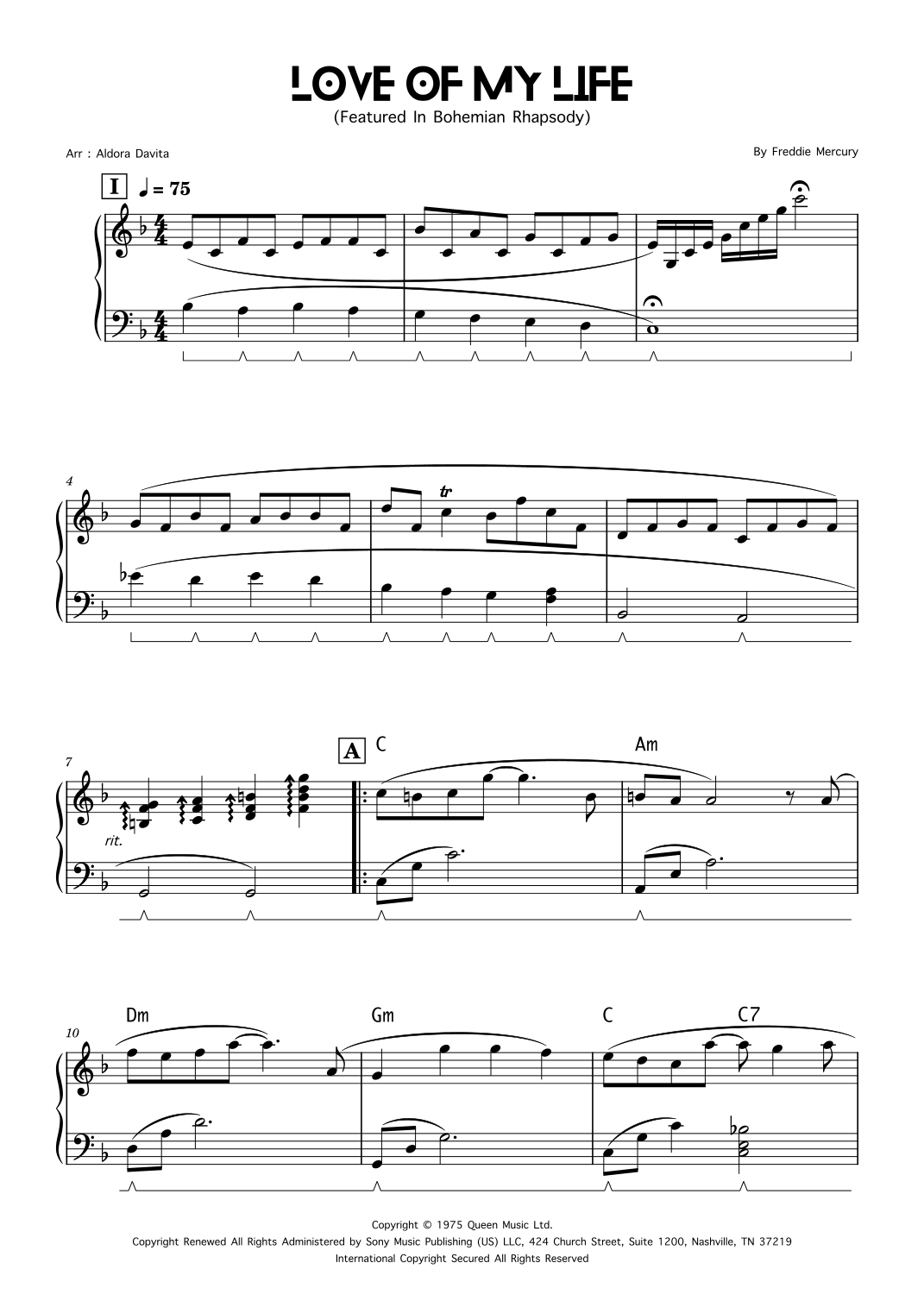 Love Of My Life (arr. Aldora Davita) by Queen Sheet Music for Piano ...
