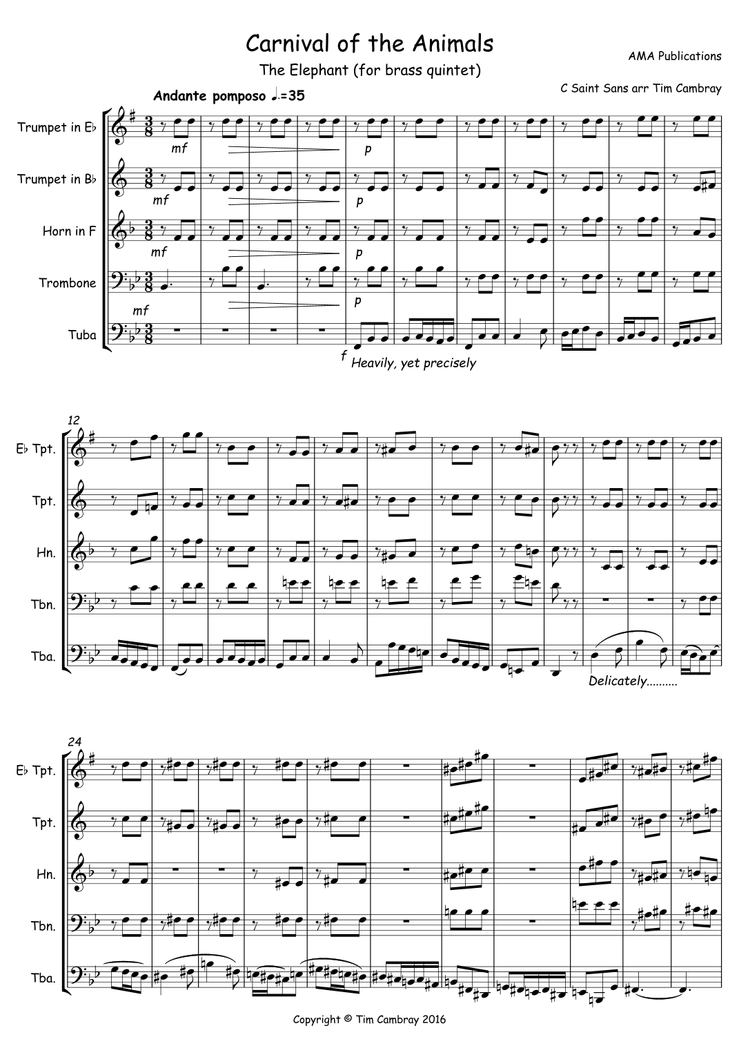 The Elephant, from Carnival of the Animals (arr. Tim Cambray) by Saint ...