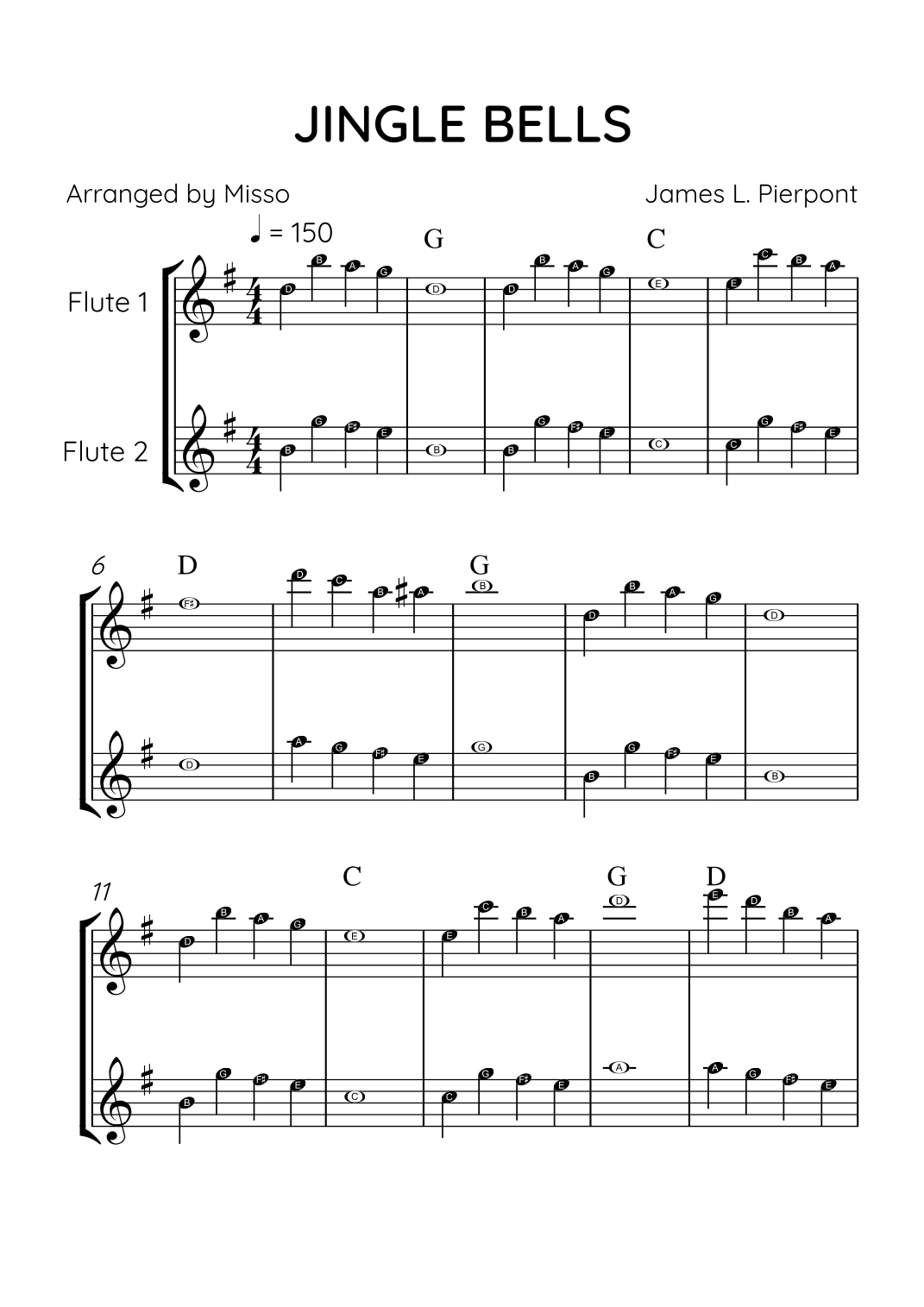 Jingle Bells - Flute Duet in G Major - Beginner With Chords & Letter Names (arr. MissoRB) von ...