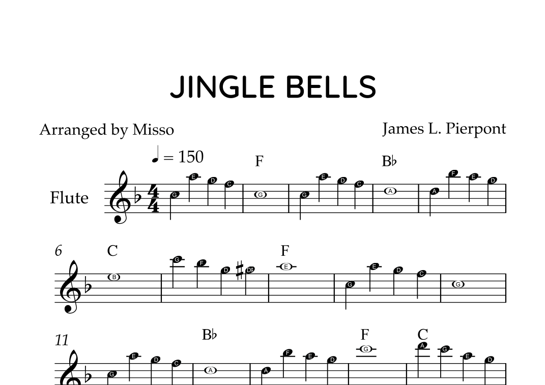 Jingle Bells - Flute in F Major - Beginner With Chords & Letter Names ...