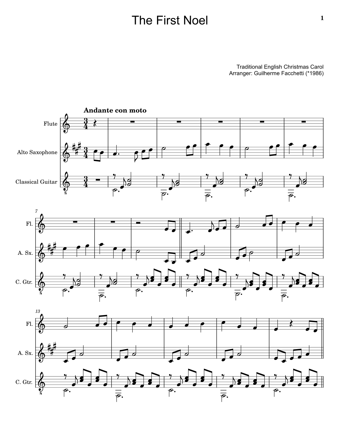 The First Noel - Flute, A. Sax. and Guitar. With Parts. (arr. Guilherme ...
