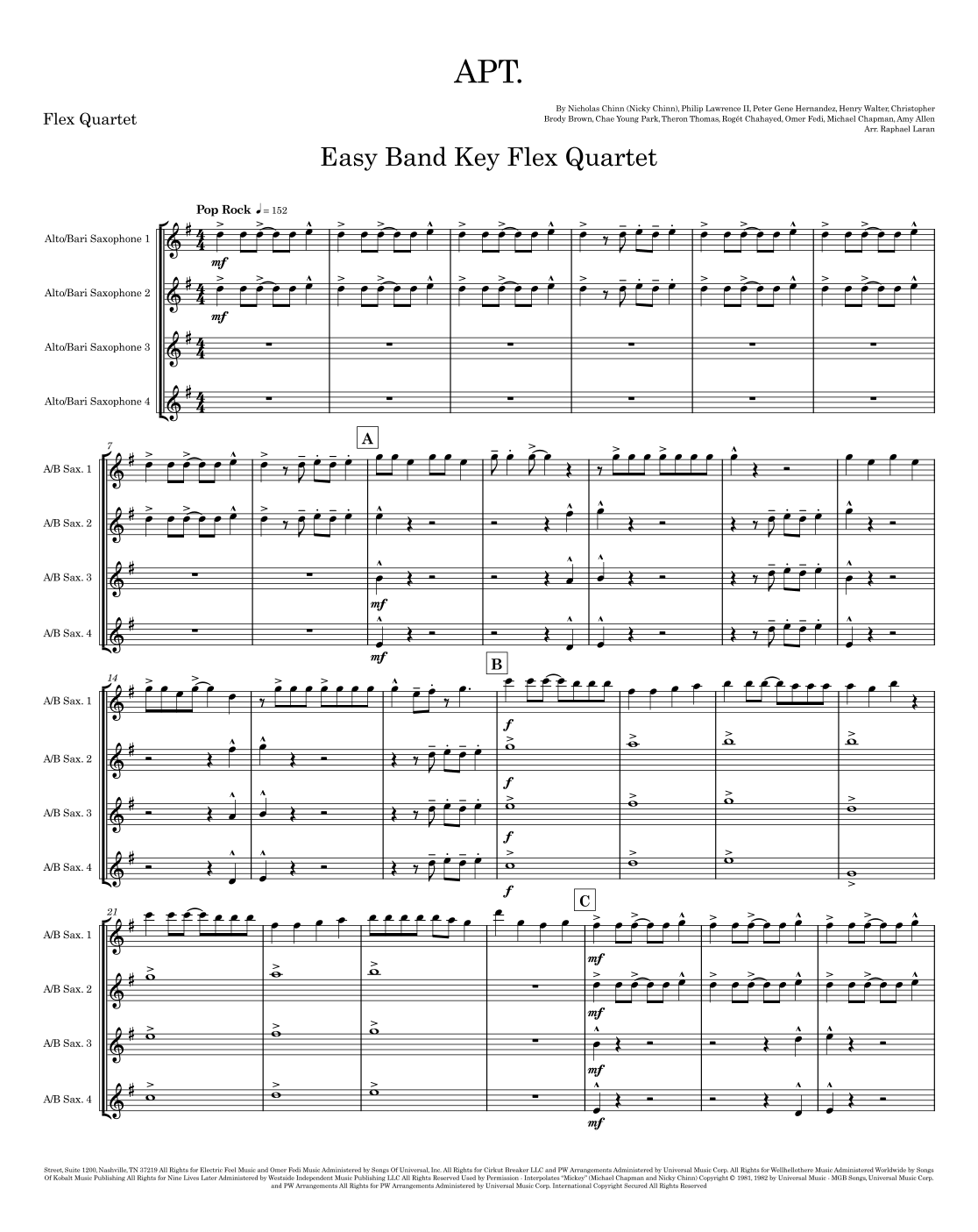 Apt. (arr. Raphael Laran) by Rosé & Bruno Mars Sheet Music for ...