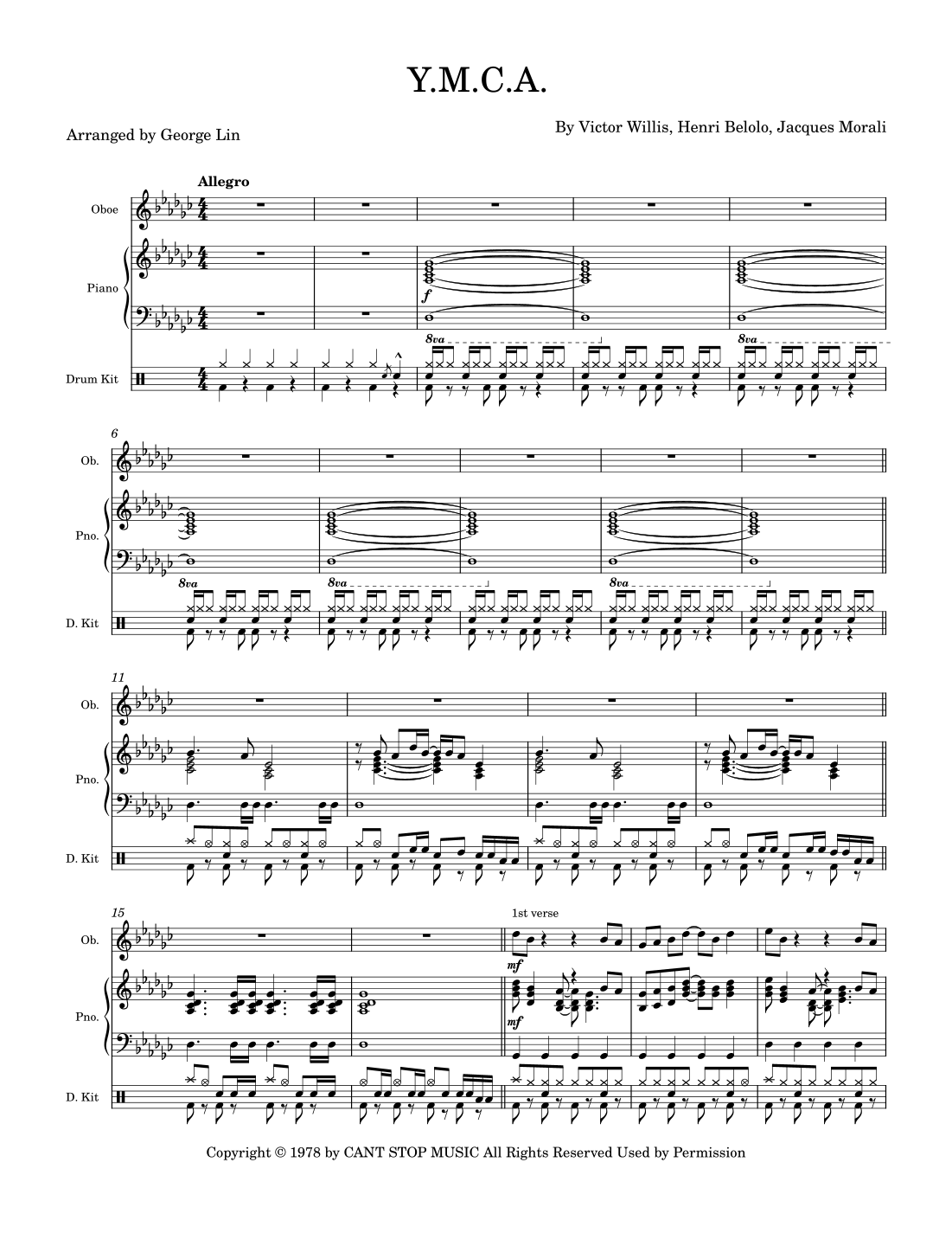Y.m.c.a. (arr. George Lin) by Village People Sheet Music for Oboe and ...