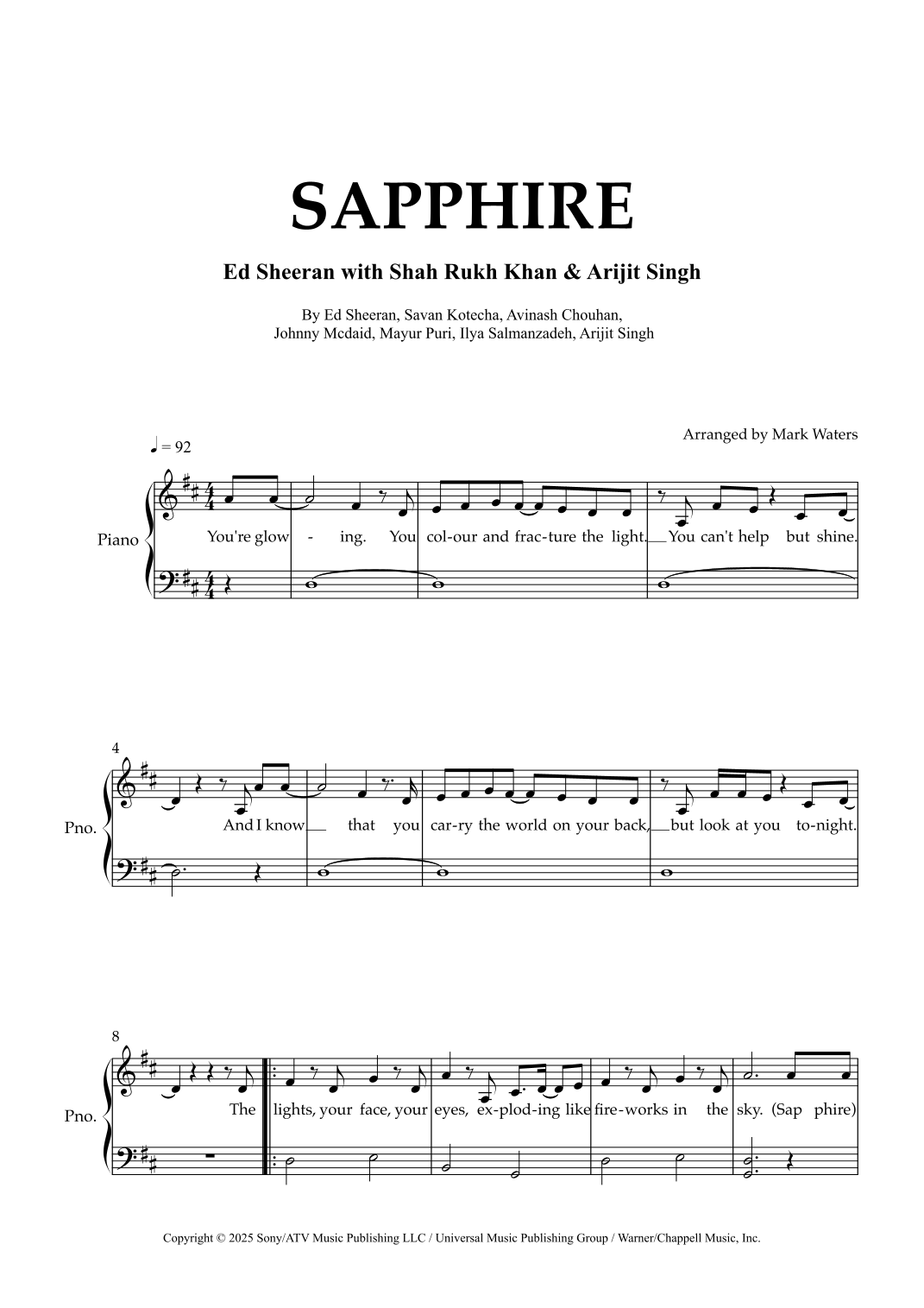 Sapphire (arr. Mark Waters by Ed Sheeran with Shah Rukh Khan & Arijit ...