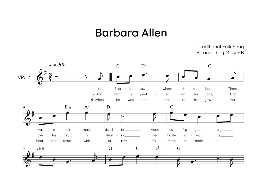 Barbara Allen - Violin in G Lead Sheet With Lyric & Chords - Easy (arr ...