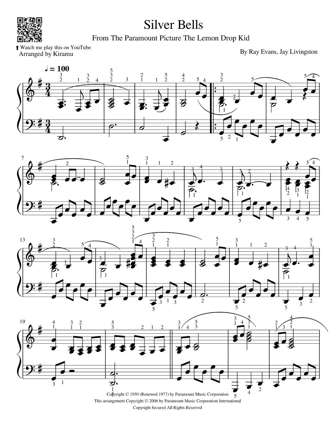 Silver Bells (arr. Kiramu) by John Denver Sheet Music for Easy Piano at ...