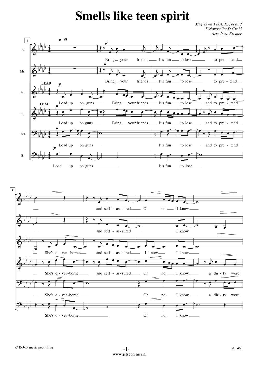 Smells Like Teen Spirit (arr. Jetse Bremer) by Nirvana Sheet Music for ...