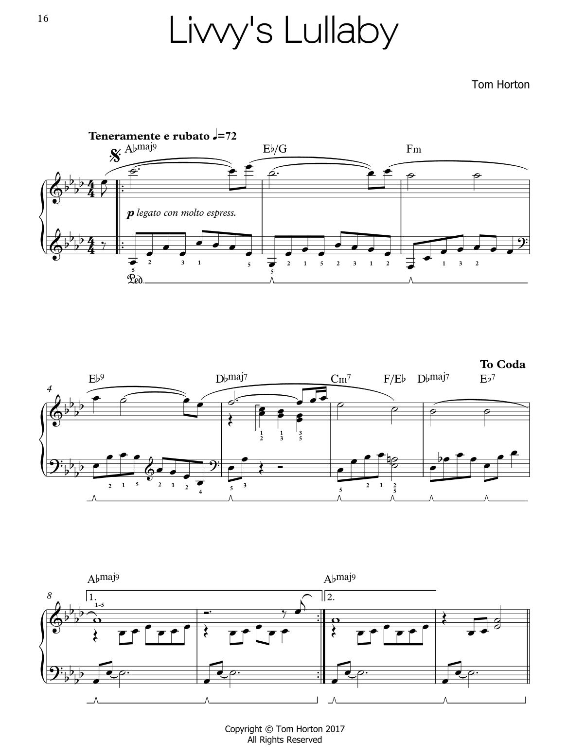 Livvy’s Lullaby Sheet Music | Tom Horton | Piano Solo