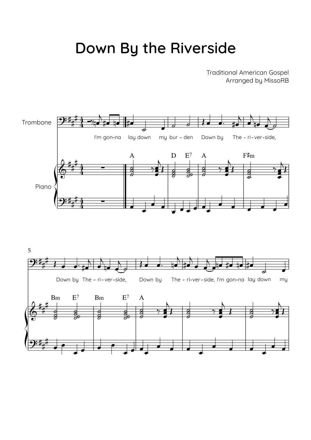 Down By the Riverside - Trombone & Piano in A With Chords & Lyric (arr ...