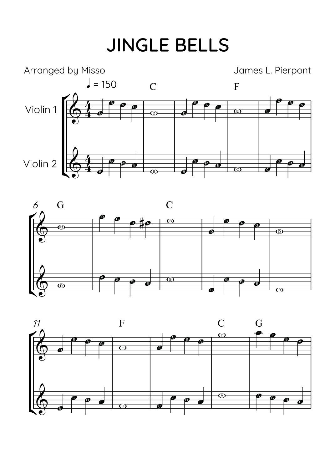 Jingle Bells - Violin Duet in C Major (Beginner With Chords & Letter ...