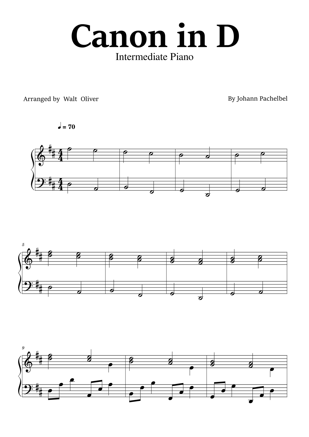 Canon in D - Intermediate Piano - Johann Pachelbel (arr. Walt Oliver ...