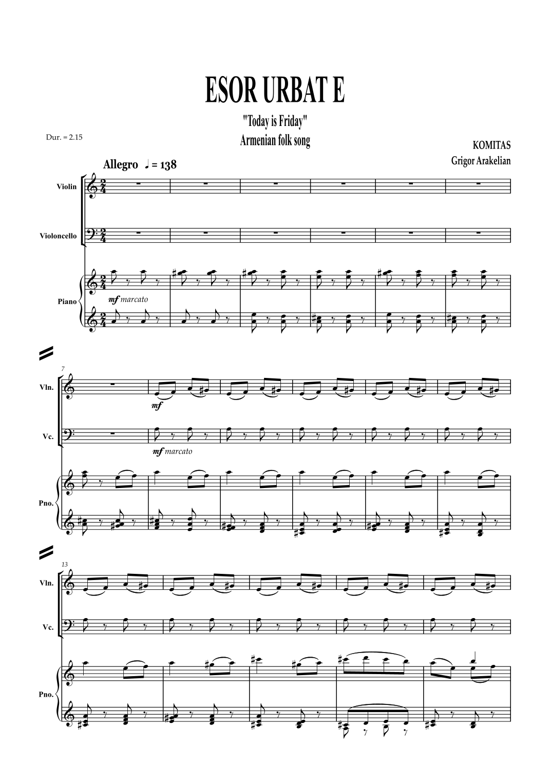 Esor Urbat e (Today is Friday) Armenian folk song by Grigor Arakelian Sheet Music for String ...