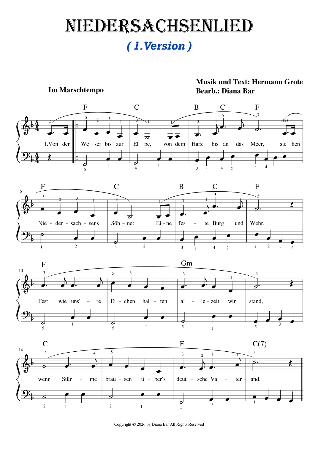 Niedersachsenlied (arr. Diana Bar) by Hermann Grote Sheet Music for ...