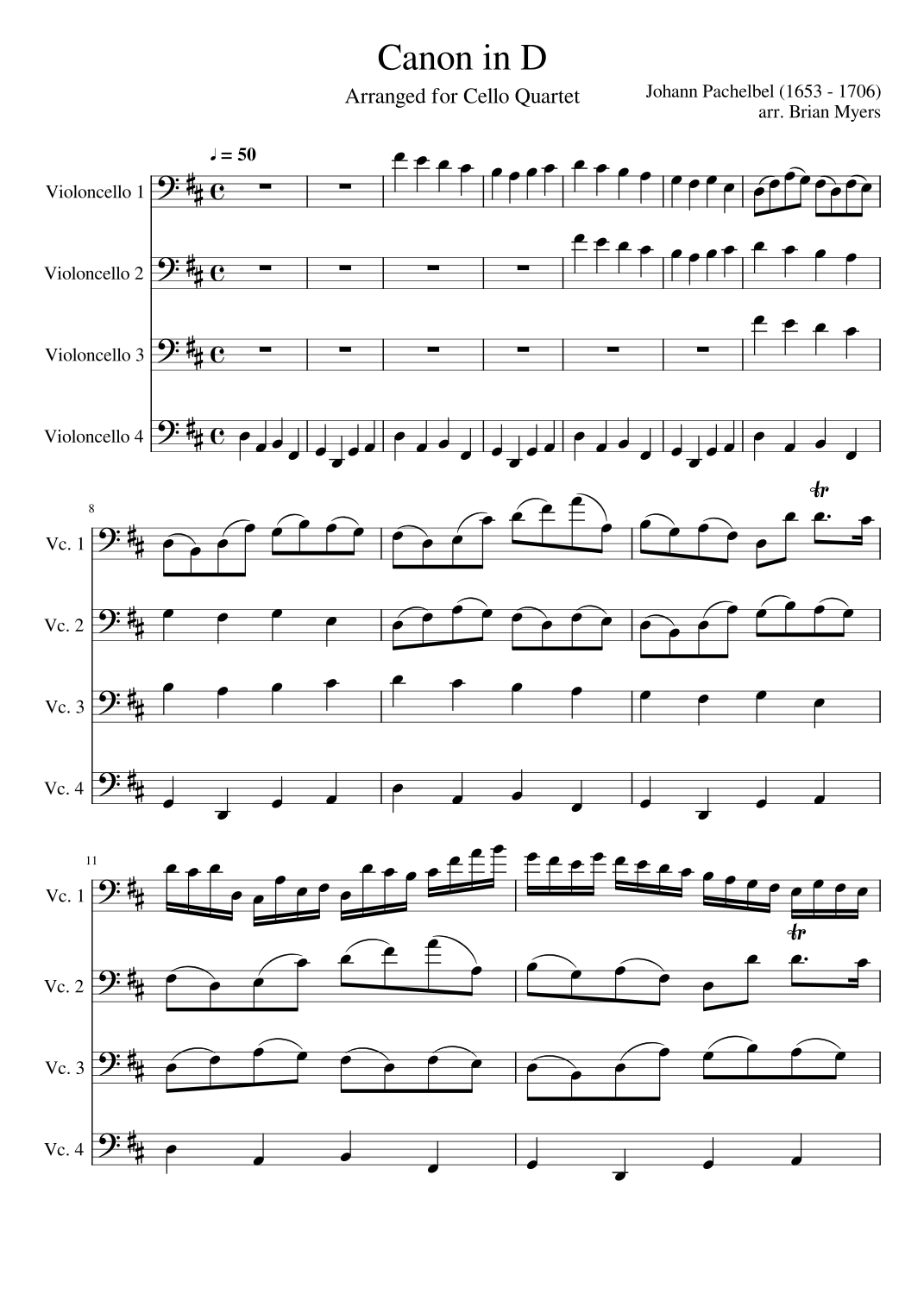 Canon in D (arr. Brian Myers) by Johann Pachelbel Sheet Music for ...