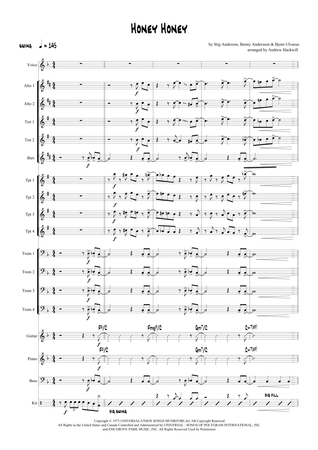 Honey, Honey (arr. Andrew Hackwill) by ABBA Sheet Music for Jazz Ensemble at Sheet Music Direct