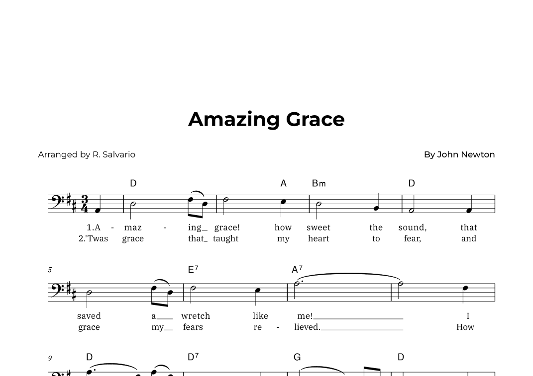 Amazing Grace (Key of D Major) (arr. R. Salvario) by John Newton Sheet ...
