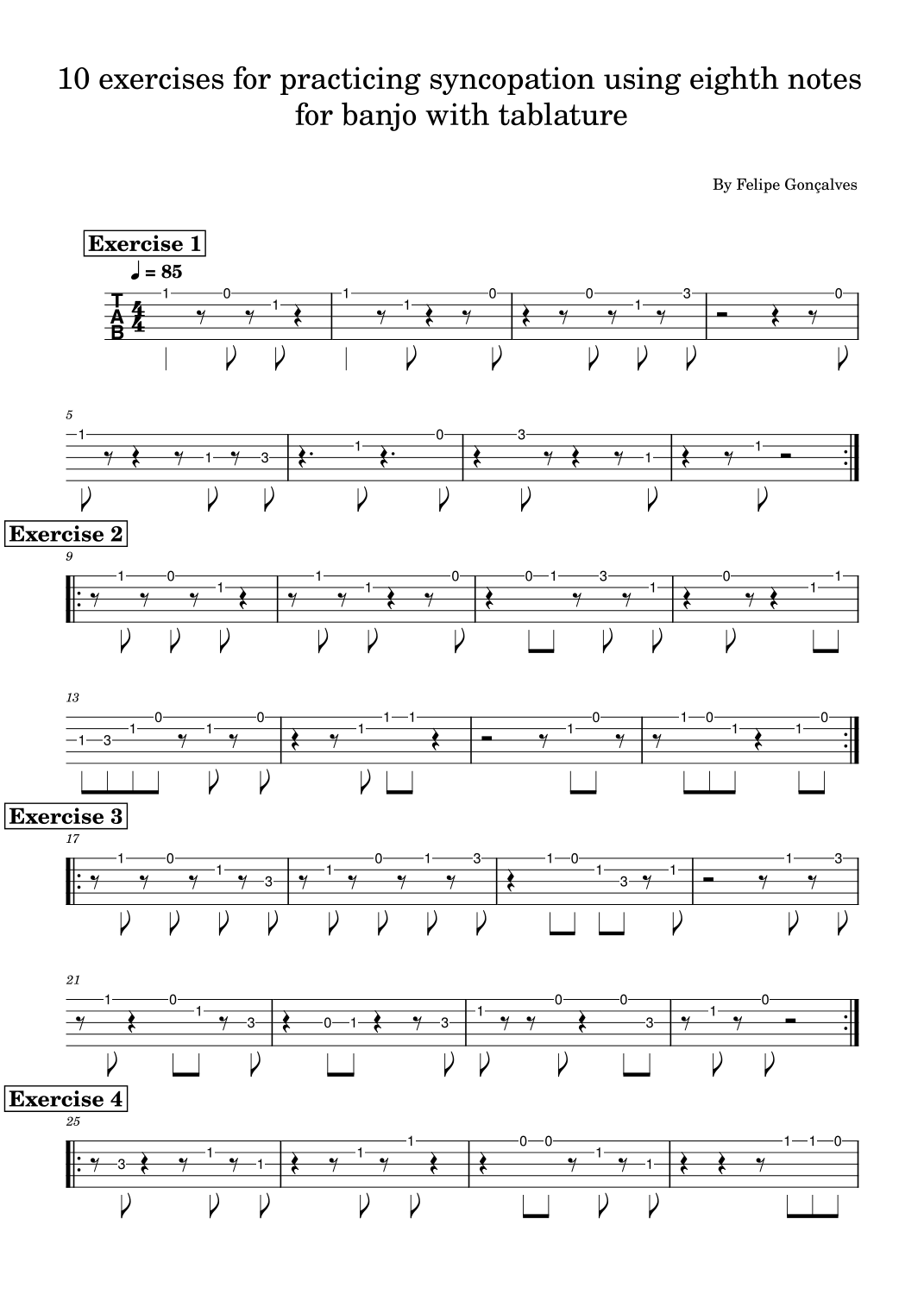 10 exercises for syncopation using eighth notes for banjo with ...