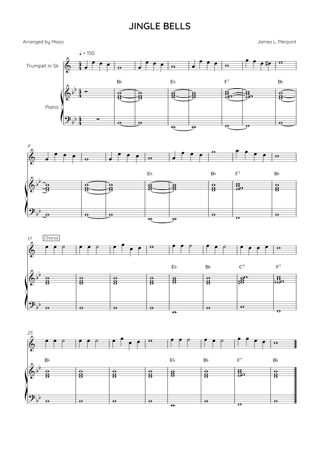 Jingle Bells - Trumpet & Piano in Bb Major (Beginner With Chords) (arr ...