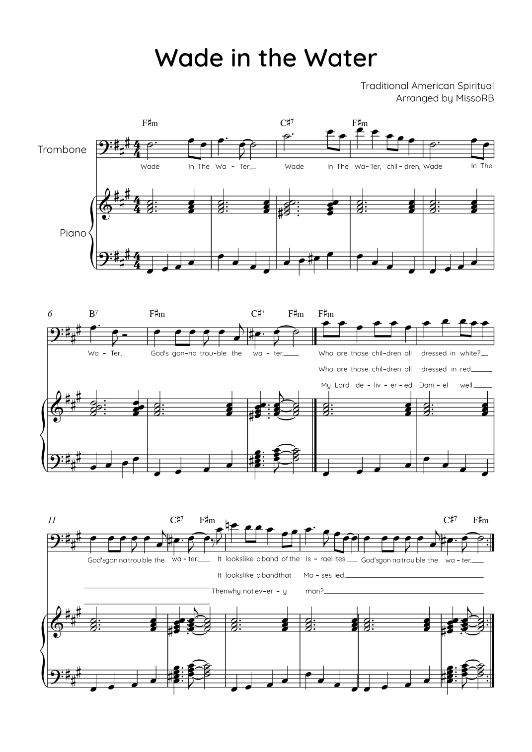 Wade in the Water - Cello & Piano in F#m With Chords & Lyric - Easy ...