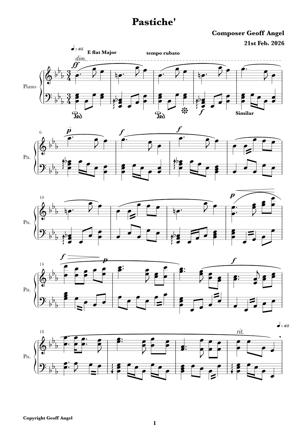 Pastiche' Piano solo by Geoff Angel Sheet Music for Piano Solo at Sheet ...