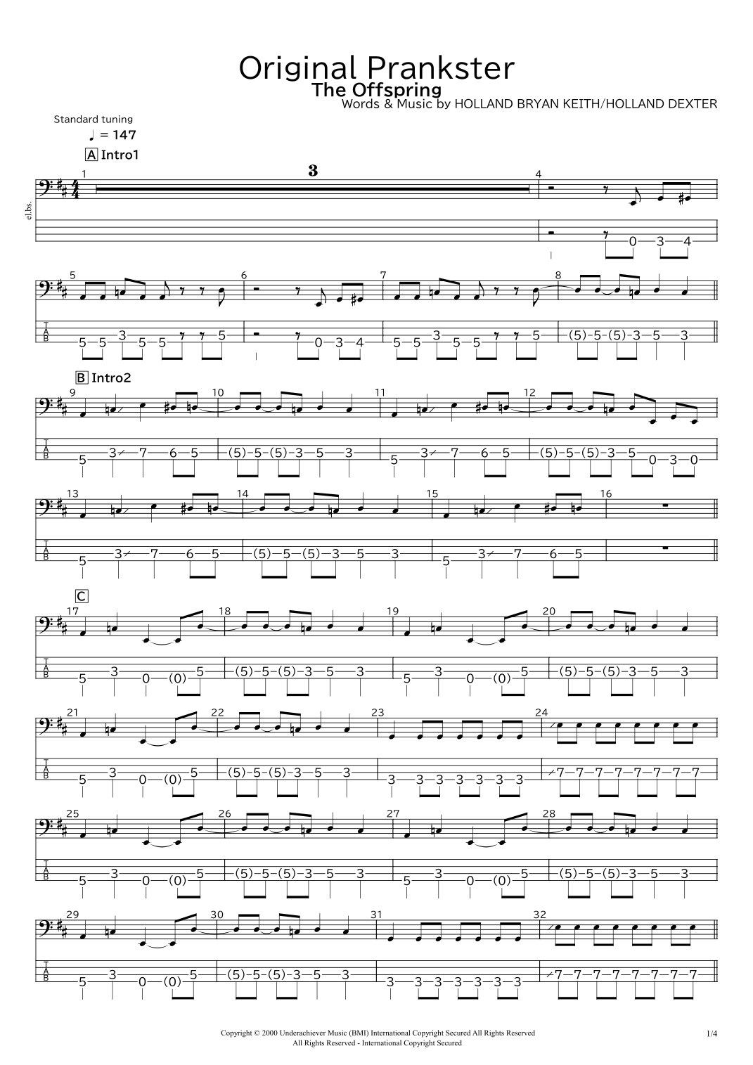 Original Prankster (arr. bassscore.masspro) by The Offspring Sheet ...
