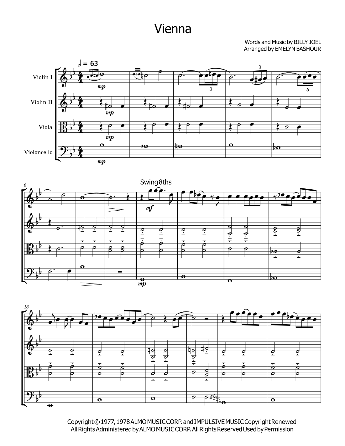 Vienna (arr. Emelyn Bashour) by Billy Joel Sheet Music for String ...