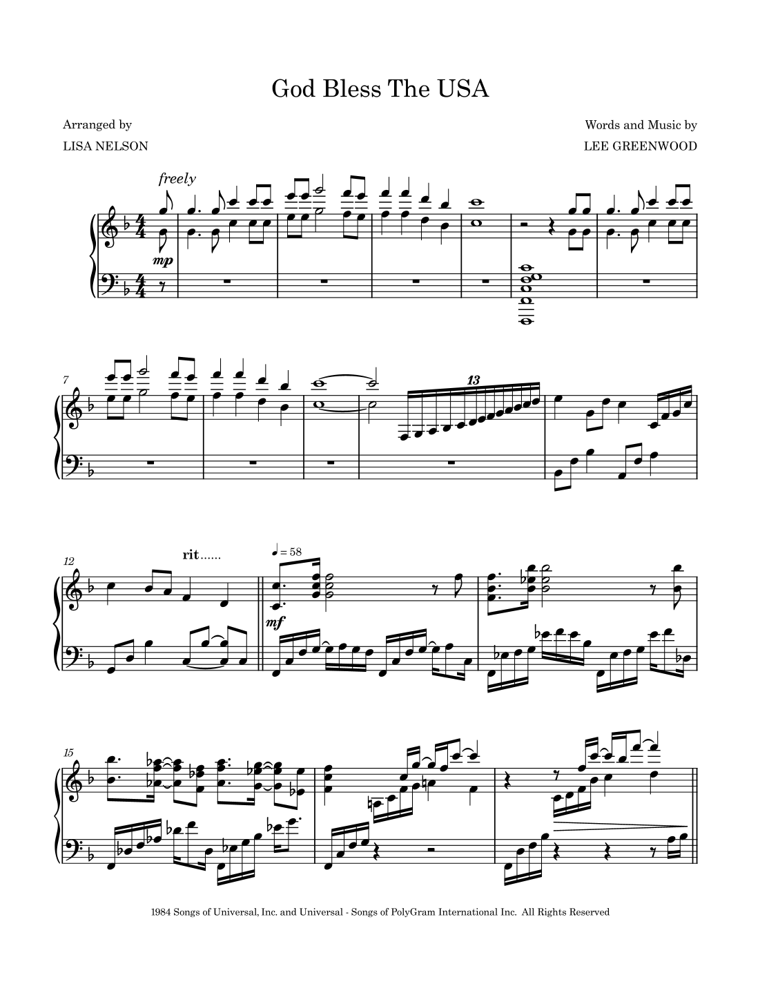 God Bless The U.s.a. (arr. Lisa Nelson) by Lee Greenwood Sheet Music ...
