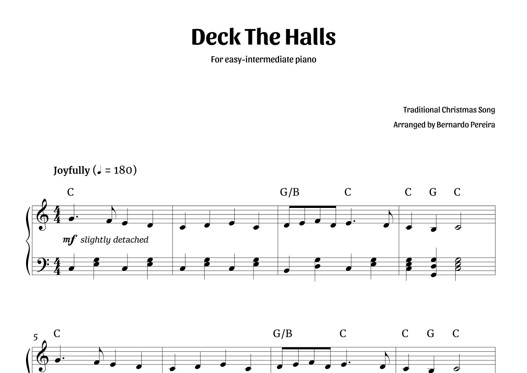 Deck The Halls (easy-intermediate piano in C major – clean with chords ...