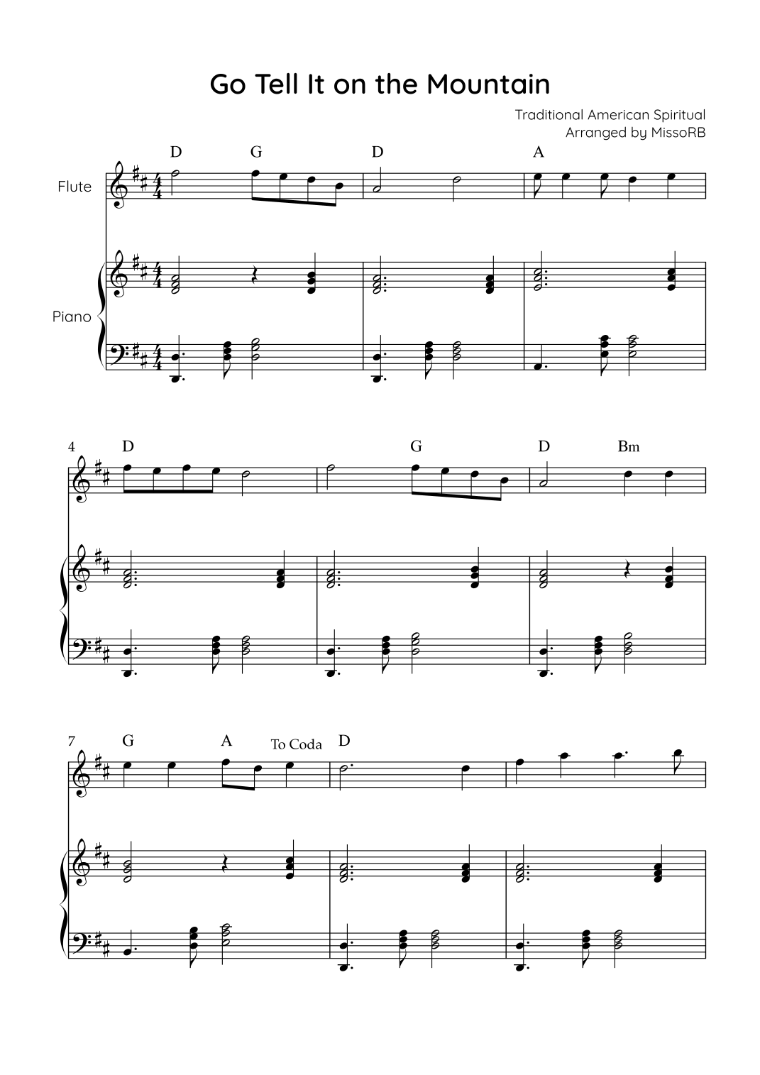 Go Tell It on the Mountain - Flute & Piano in D With Chords - Easy (arr ...