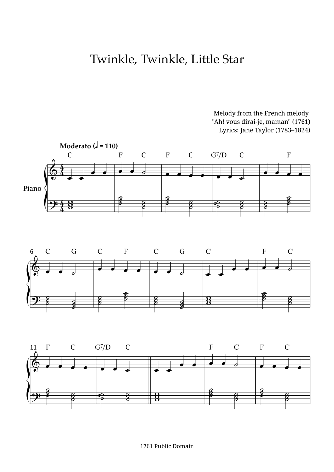 Twinkle, Twinkle, Little Star – Piano (C major, with Chord Symbols ...