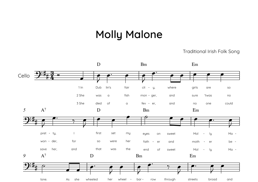 Molly Malone - Cello in D With Chords & Lyric - Easy (arr. MissoRB) by ...