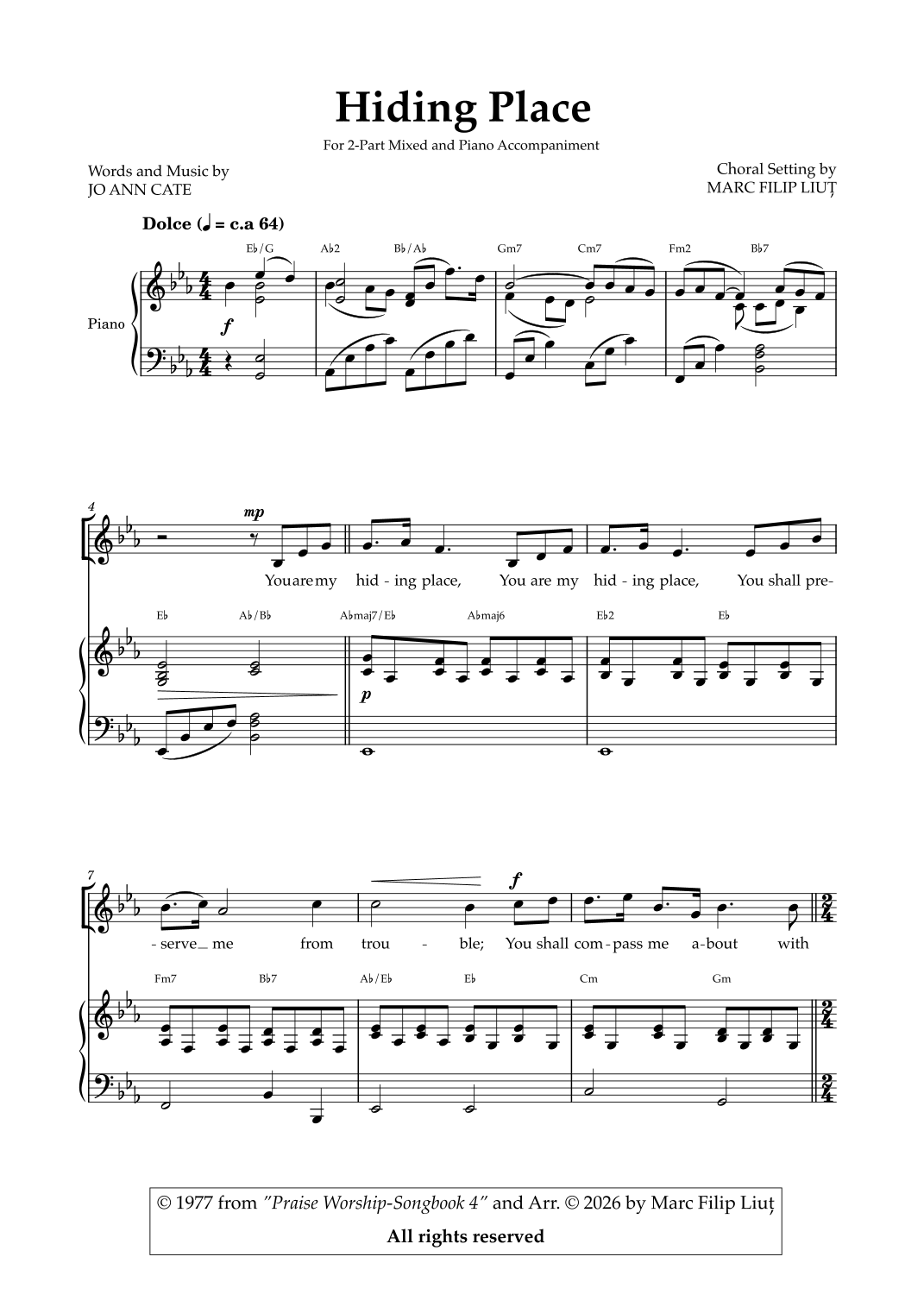 Hiding Place (arr. Marc Filip Liuț by Jo Ann Cate Sheet Music for 2 ...